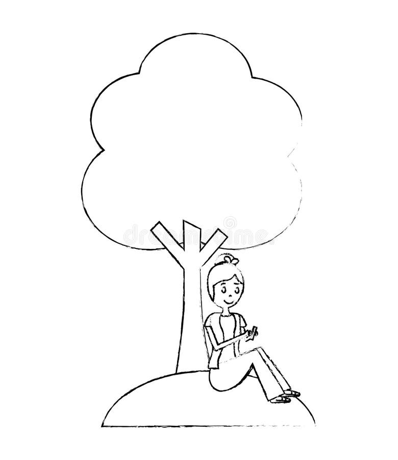 Woman Using Phone Sitting in Under a Tree Stock Illustration ...