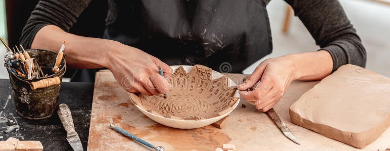 Woman Using Pottery Tools for Making Patterns Stock Photo - Image of ...
