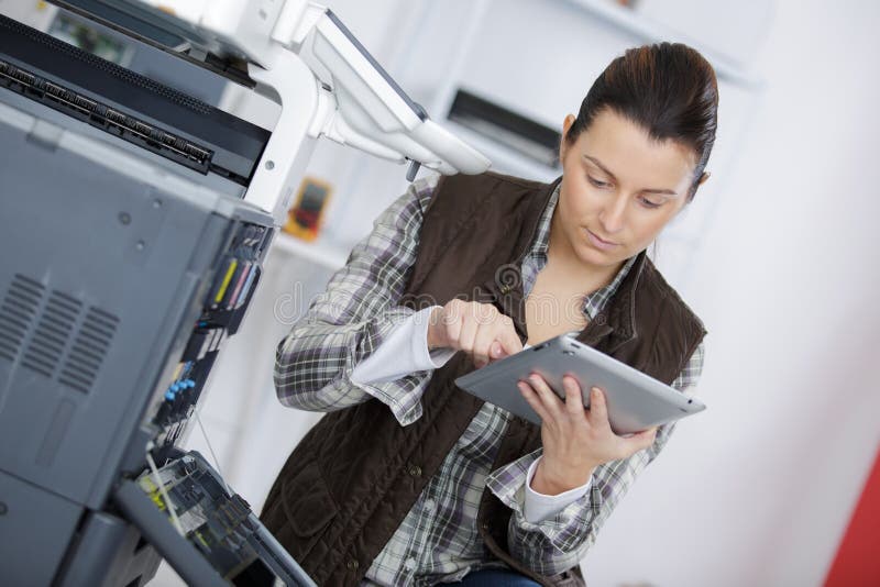 Woman Using Printer in Office Stock Image - Image of partners, media ...