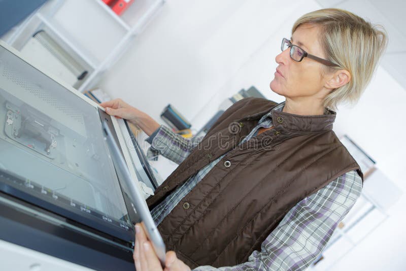 Woman Using Printer on Table Stock Image - Image of paper, digital ...