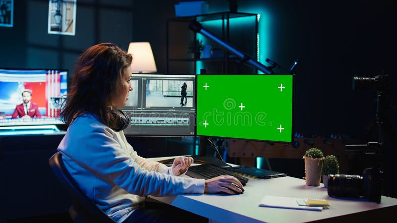 Woman Using Professional Software on Mockup PC To Create Visual Effects Stock Image - Image of ...