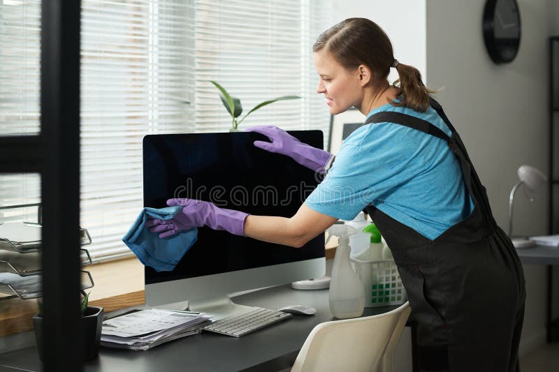 Woman Cleaning Computer Screen in Office Stock Image - Image of cleaner ...