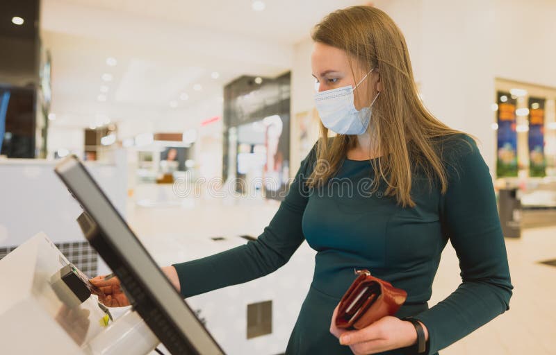 Woman Using a Self-service Terminal Stock Photo - Image of booking ...
