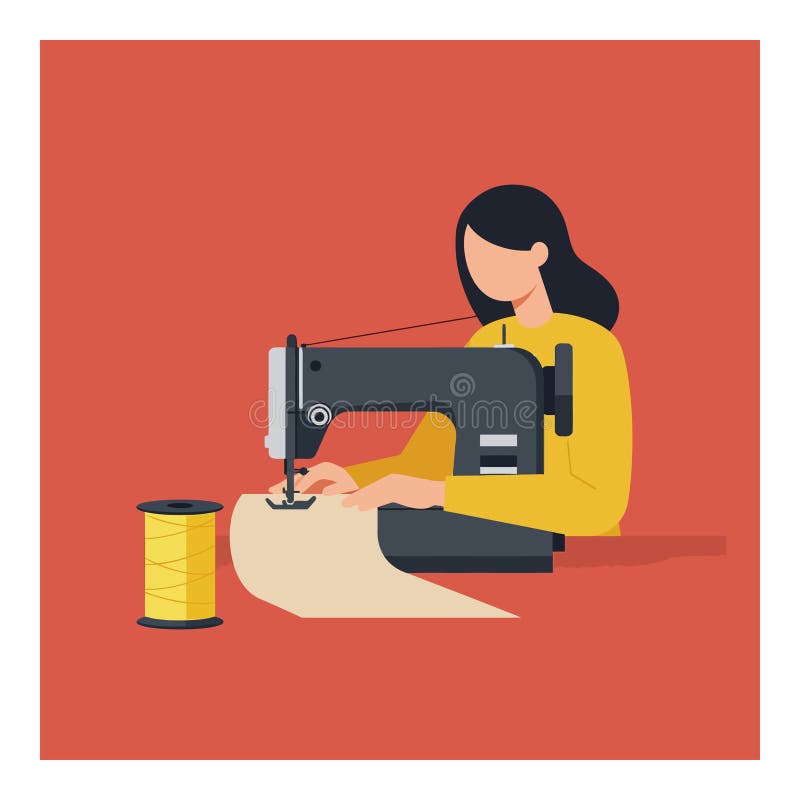 Woman Using Sewing Machine with Yellow Thread on Warm Orange Background ...