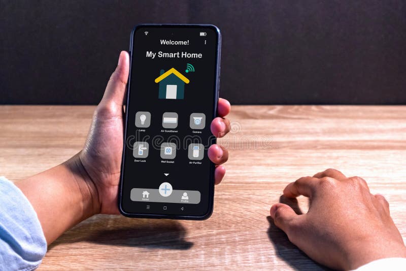 Woman Using Smart Home App on Smartphone. Smart Home Technology ...