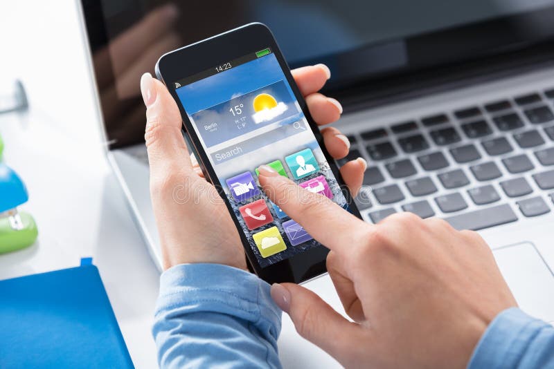 Woman Using Smart Phone with Applications on Screen Stock Image - Image ...