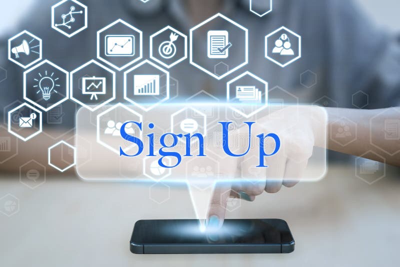 Woman Using Smart Phone Pressing Button Sign Up Icon. Stock Photo ...