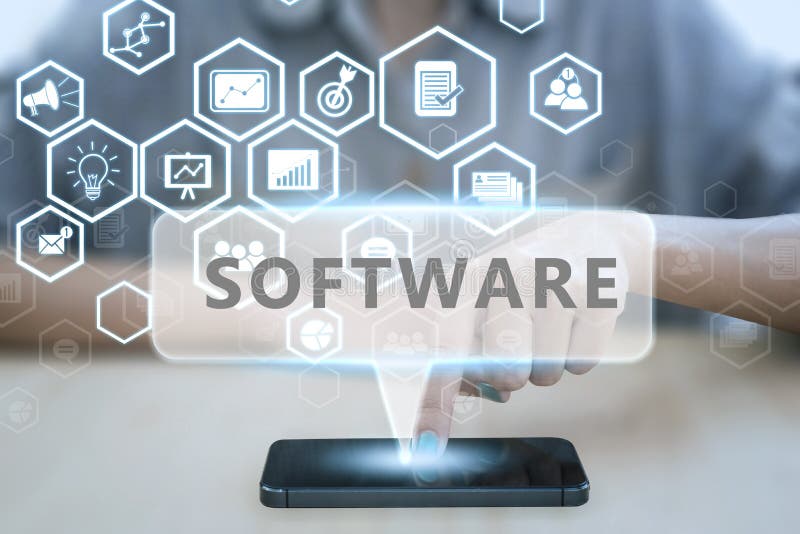 Woman Using Smart Phone Pressing Button Software Icon. Stock Image ...