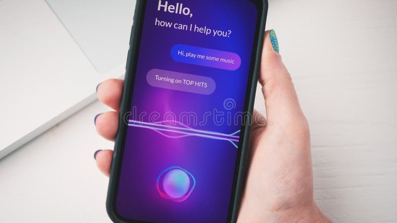 Woman Using Smart Virtual Assistant on Her Smartphone. AI Voice ...