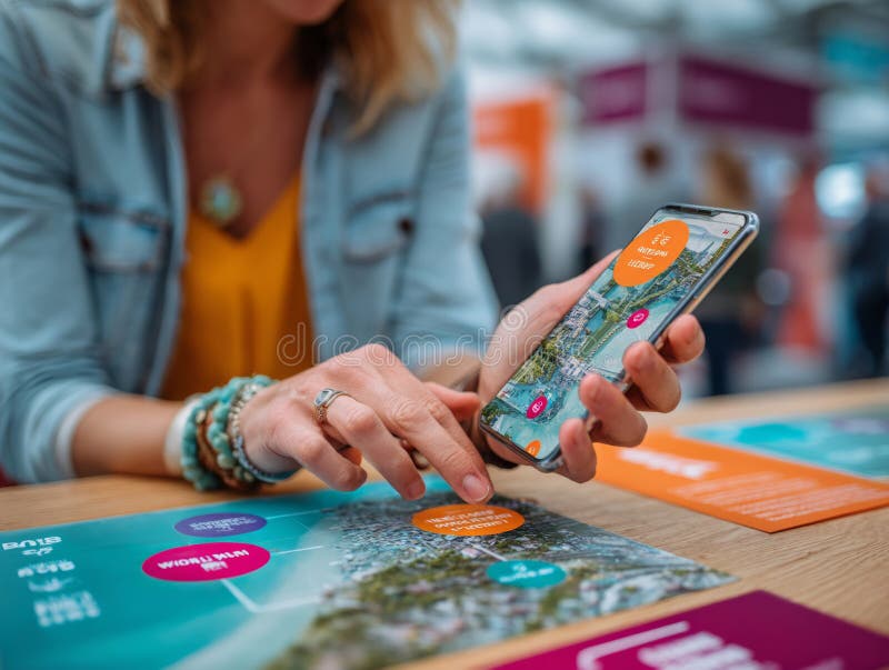 Woman Using Smartphone App To Explore Destination Map with Interactive ...