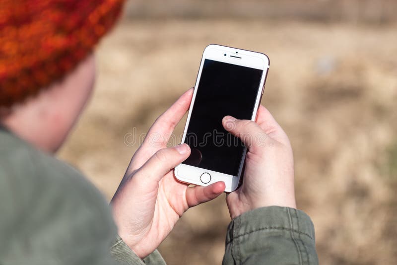 Woman Using Smartphone. Female Touch Black Display Smartphone Outdoor ...