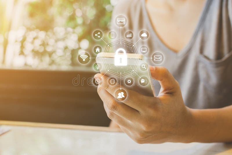 Woman Using Smartphone with Icon Graphic Cyber Security Network of ...