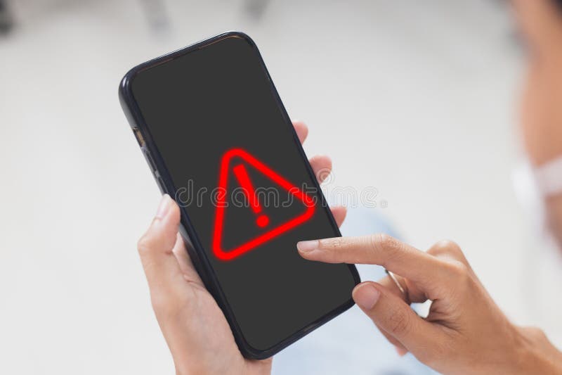Woman Using Smartphone with Notification Error. Warning Sign Over on ...