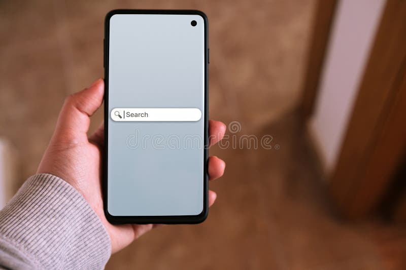 Woman Using Smartphone with Search Bar on Screen. Stock Photo - Image ...