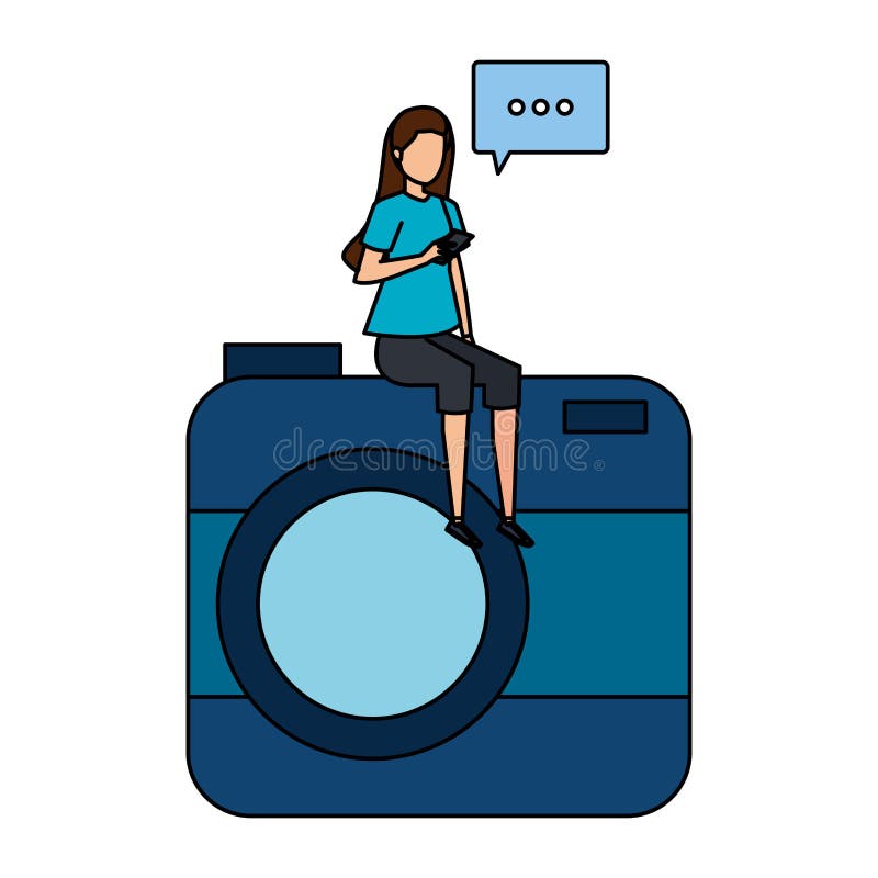 Woman Using Smartphone Seated in Camera with Speech Bubble Stock ...