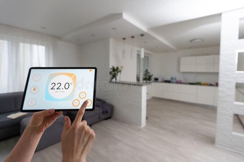 Woman Using Smartphone To Control Home Connectivity Interface Stock ...