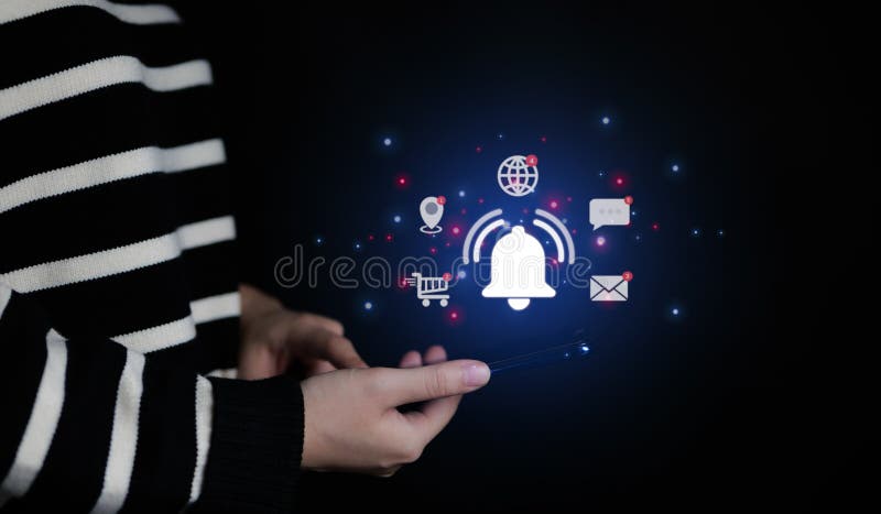 Woman Using Smartphone with Virtual Bell Ringing for Application ...