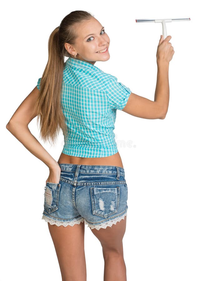 Woman Using Squeegee. Rear View Stock Photo - Image of knot, blonde ...