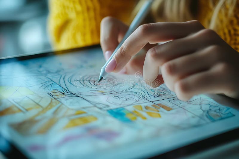 Woman Using Stylus on Digital Tablet Stock Illustration - Illustration ...