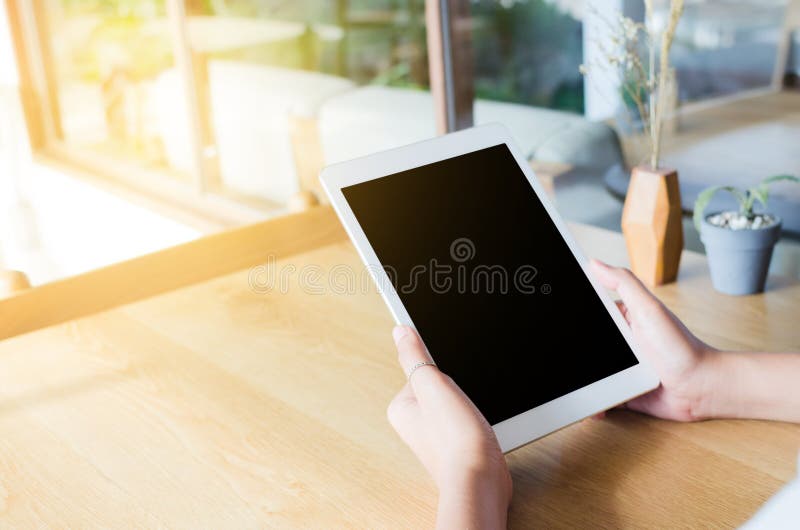 Woman Using Tablet in Coffee Shop in the Moring Stock Photo - Image of ...