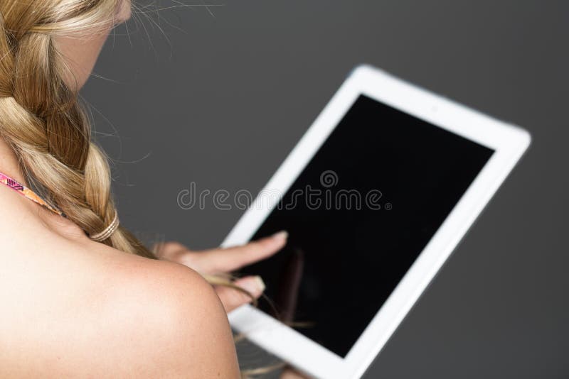Woman with a Tablet Computer Stock Photo - Image of casual, grey: 34592148