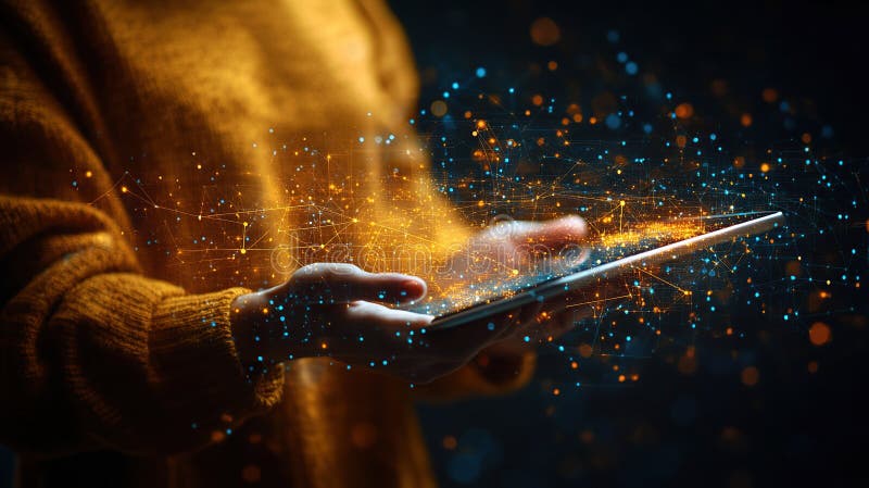 Woman Using Tablet, Digital Network Overlay, Dark Background Stock ...