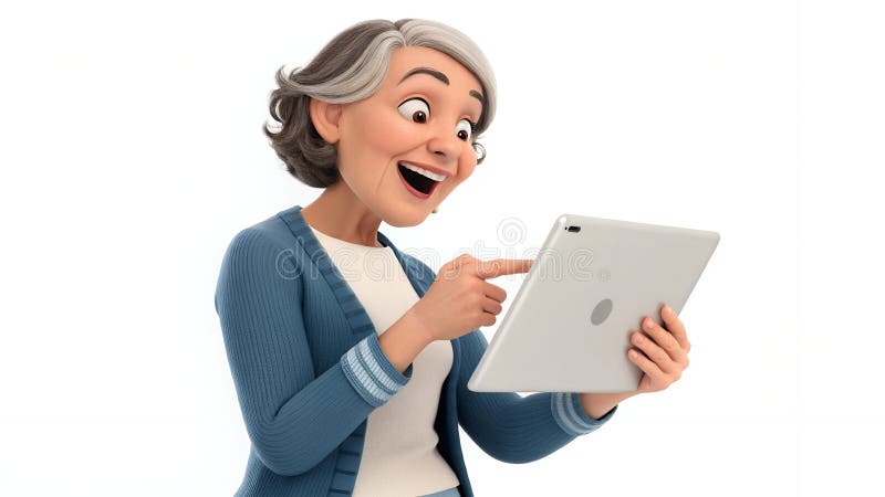 Woman Using Tablet with Excited Expression on White Background Stock ...