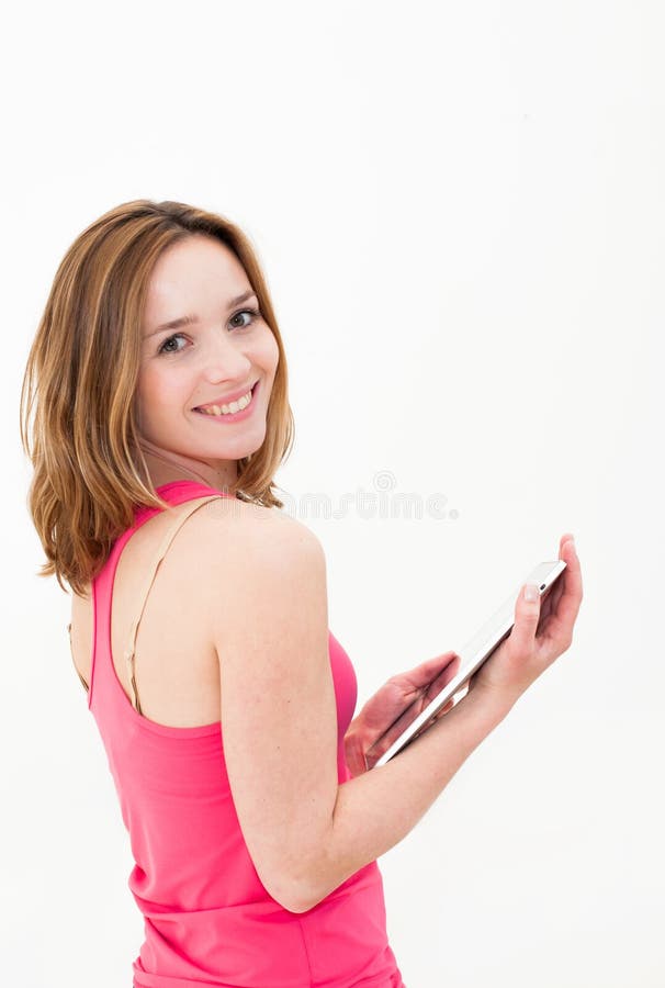 Woman using tablet PC stock photo. Image of attractive - 24383324