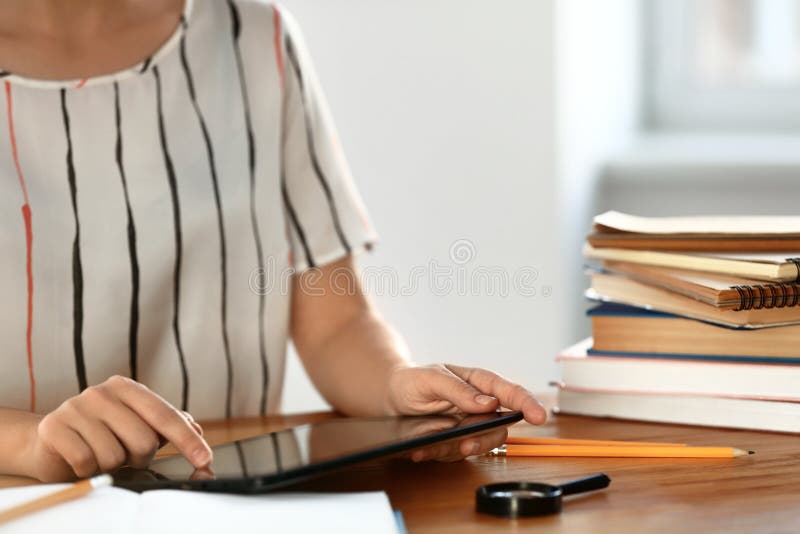 Woman Using Tablet PC at Table. Concept of Study Stock Photo - Image of ...