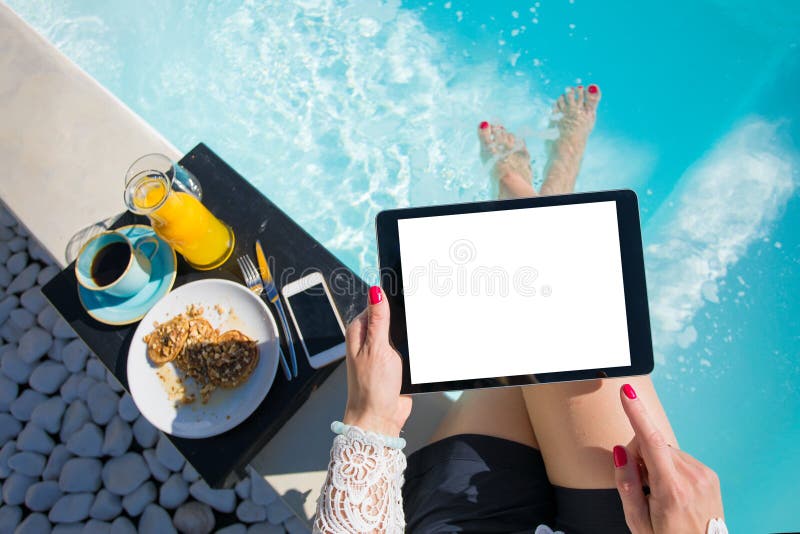 Woman Using Tablet by the Pool Stock Photo - Image of blank, holiday ...