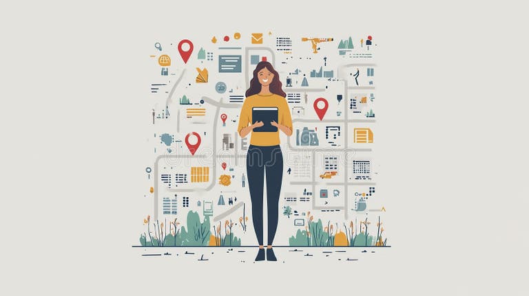 Woman Using Tablet, Surrounded by Map Icons and Data Points ...