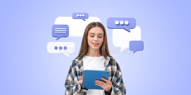 Woman Using Tablet Surrounded by Speech Bubbles on Light Blue Ba Stock ...