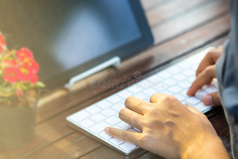 Woman is Using a Tablet and Typing Keyboard Stock Photo - Image of ...