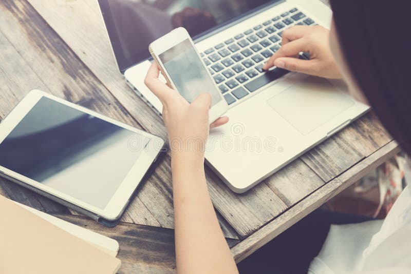 Woman with Computers and Mobile Devices Stock Photo - Image of ...