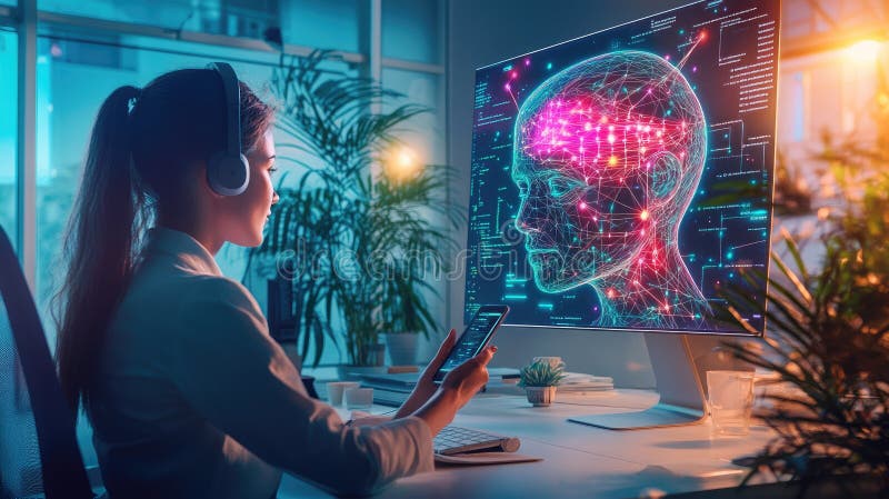 Woman Using Technology To Explore Artificial Intelligence Concepts in a ...