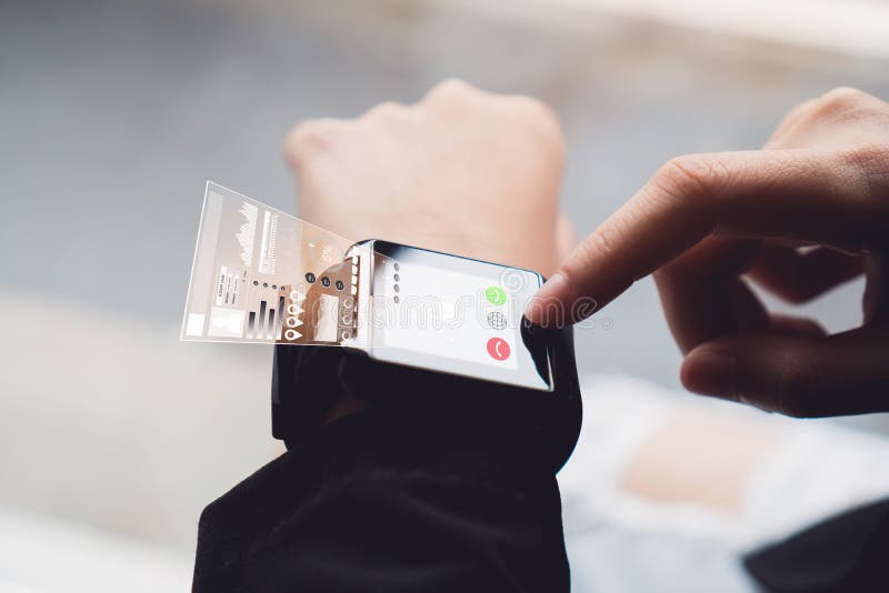 Woman Using Touch Digital Clock in the Display and Technology Advances ...