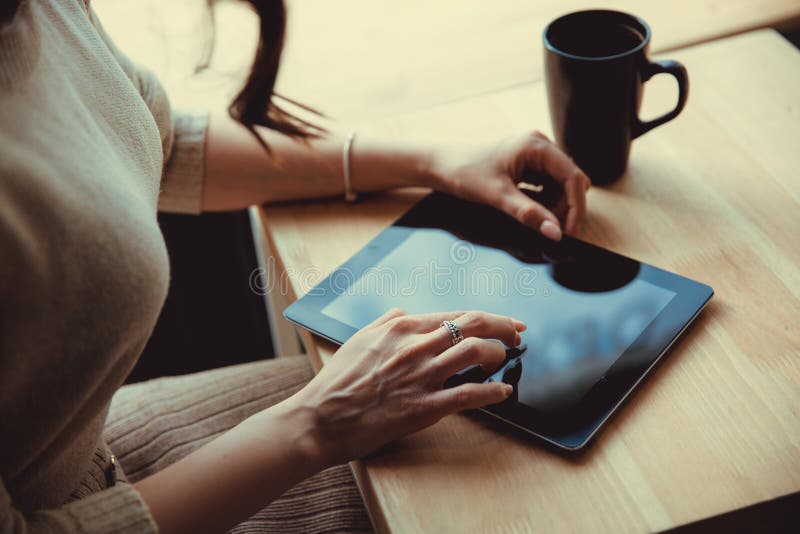 Woman Using a Touch Screen Tablet Hands Close Up. Ipad Stock Photo ...