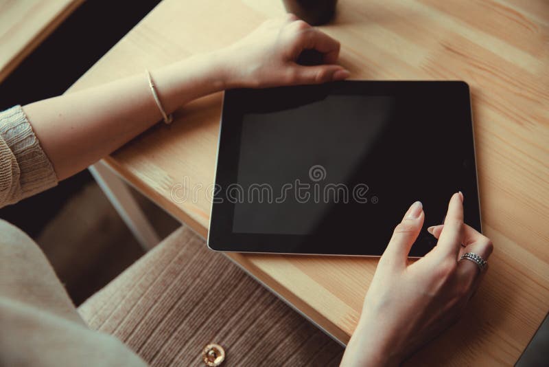 Woman Using a Touch Screen Tablet Hands Close Up. Ipad Stock Image ...