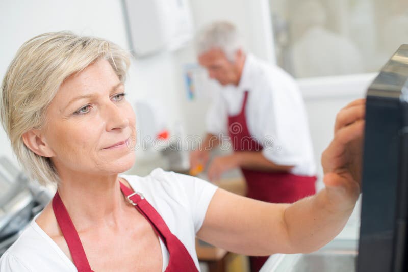 Woman Using Touch Screen Till System Stock Image - Image of horizontal ...