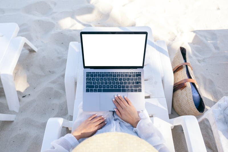A Woman Using and Touching on Laptop Computer Touchpad with Blank ...