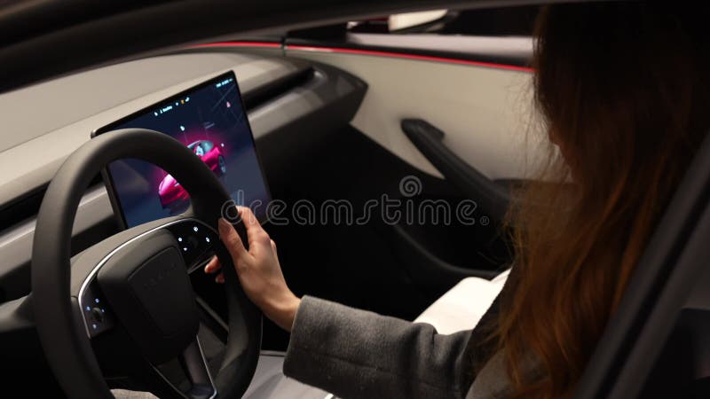Woman Using Touchscreen Inside Tesla Car Berlin Germany May 28 2025 ...