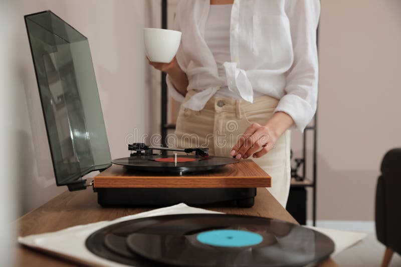 Woman Using Turntable at Home, Closeup View Stock Photo - Image of lady ...