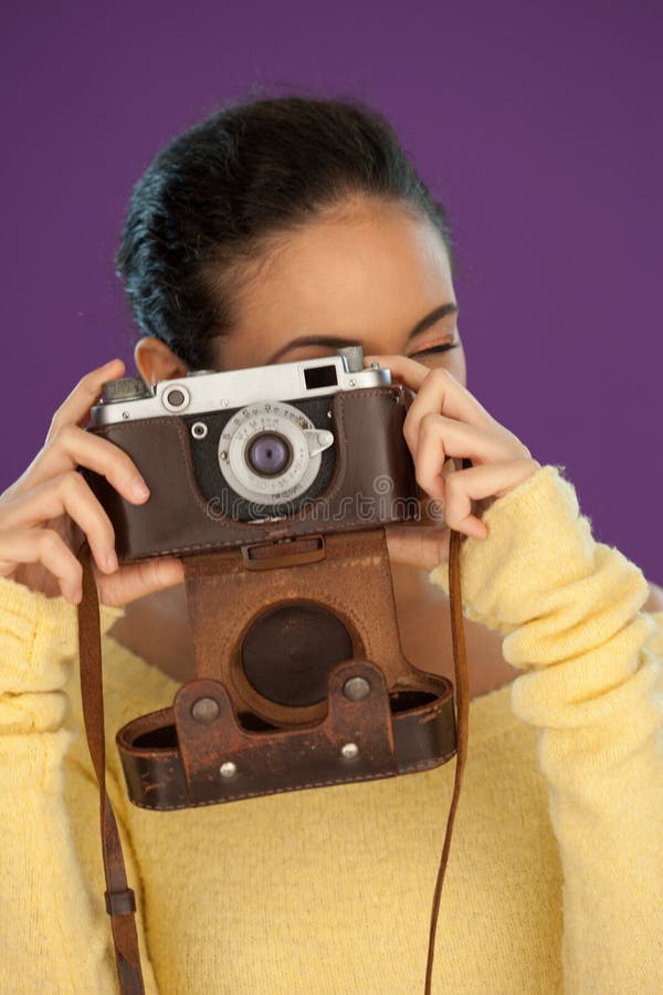 Woman Using a Vintage Camera Stock Image - Image of enjoyment, elegant ...