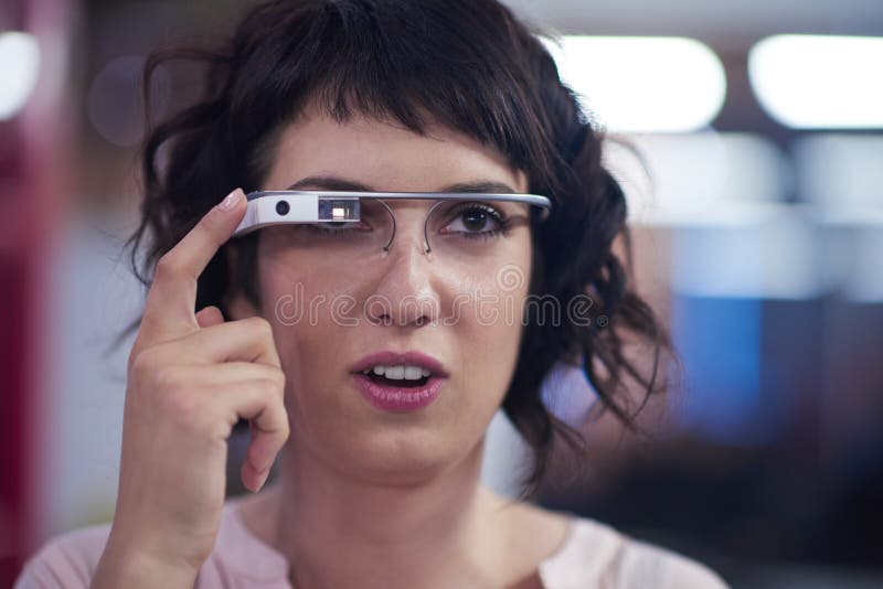 Woman Using Virtual Reality Gadget Computer Glasses Stock Photo - Image ...