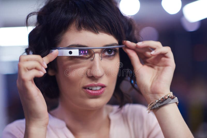 Woman Using Virtual Reality Gadget Computer Glasses Stock Image - Image ...