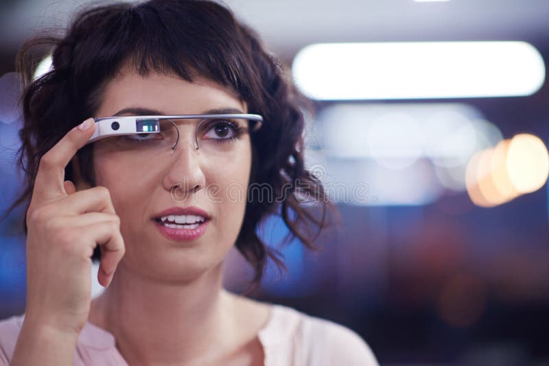 Woman Using Virtual Reality Gadget Computer Glasses Stock Image - Image ...