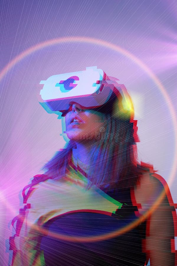 Woman is Using Virtual Reality Headset. Concept of Virtual, Augmented ...