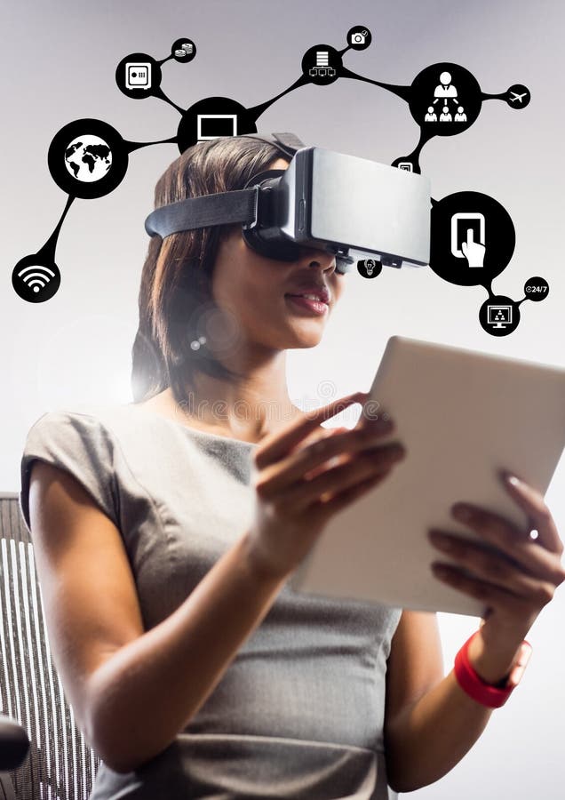 Woman Using Virtual Reality Headset and Digital Tablet Against ...