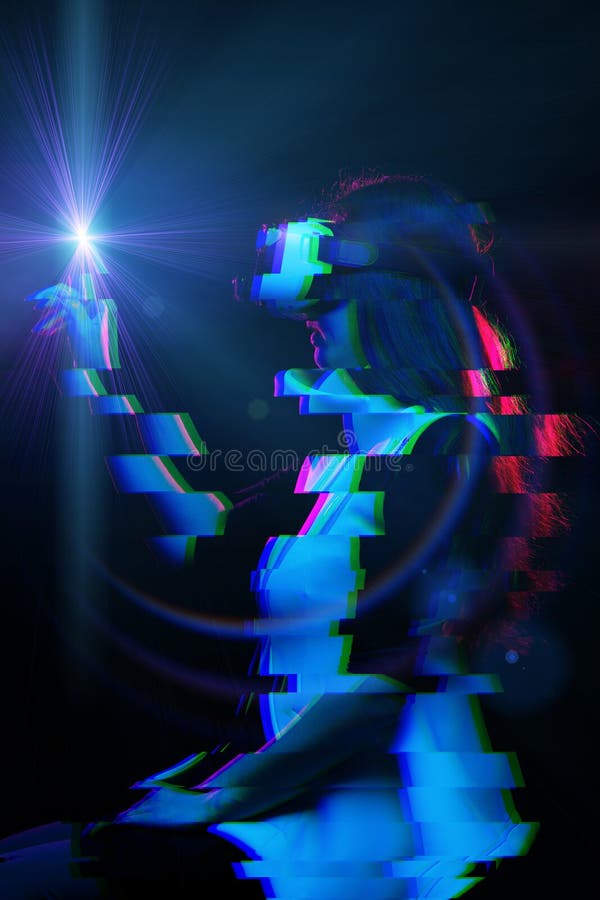 Woman is Using Virtual Reality Headset. Image with Glitch Effect Stock ...