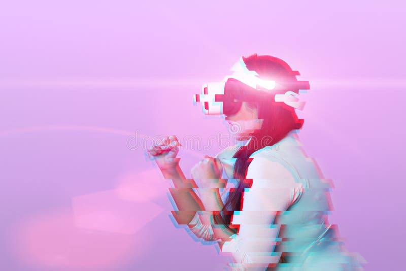 Woman is Using Virtual Reality Headset. Image with Glitch Effect Stock ...